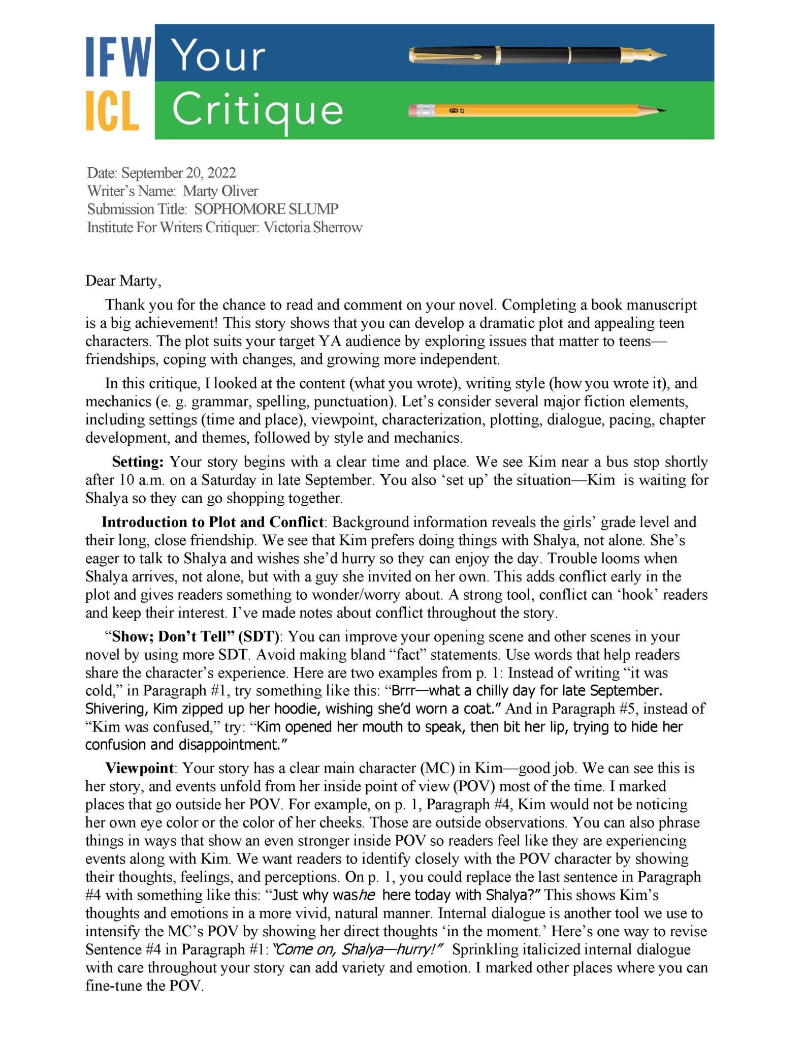 Critique Example - Institute for Writers